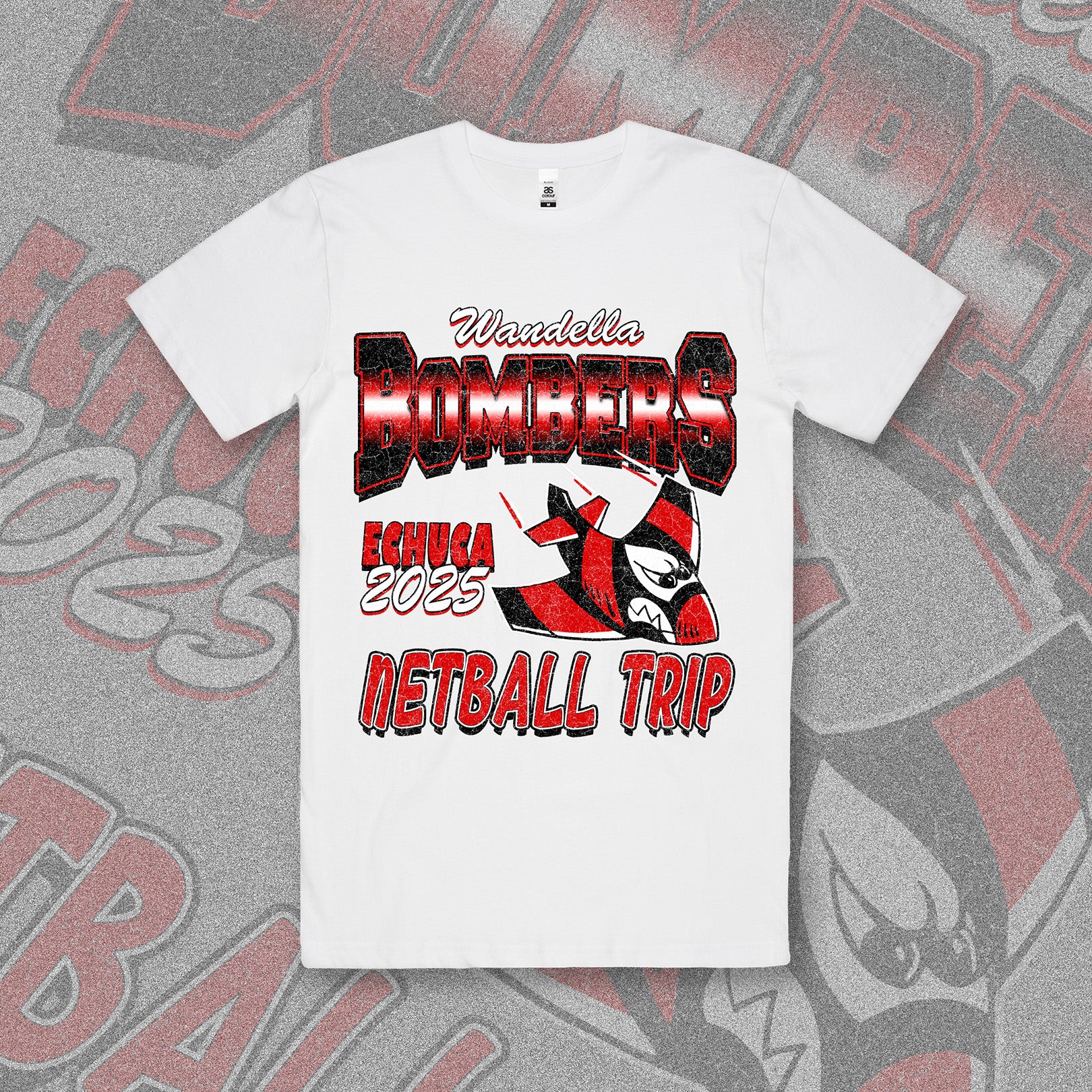 (Ladies Sizes) WANDELLA BOMBERS NETBALL TRIP TEE - WHITE - Front/Back ...